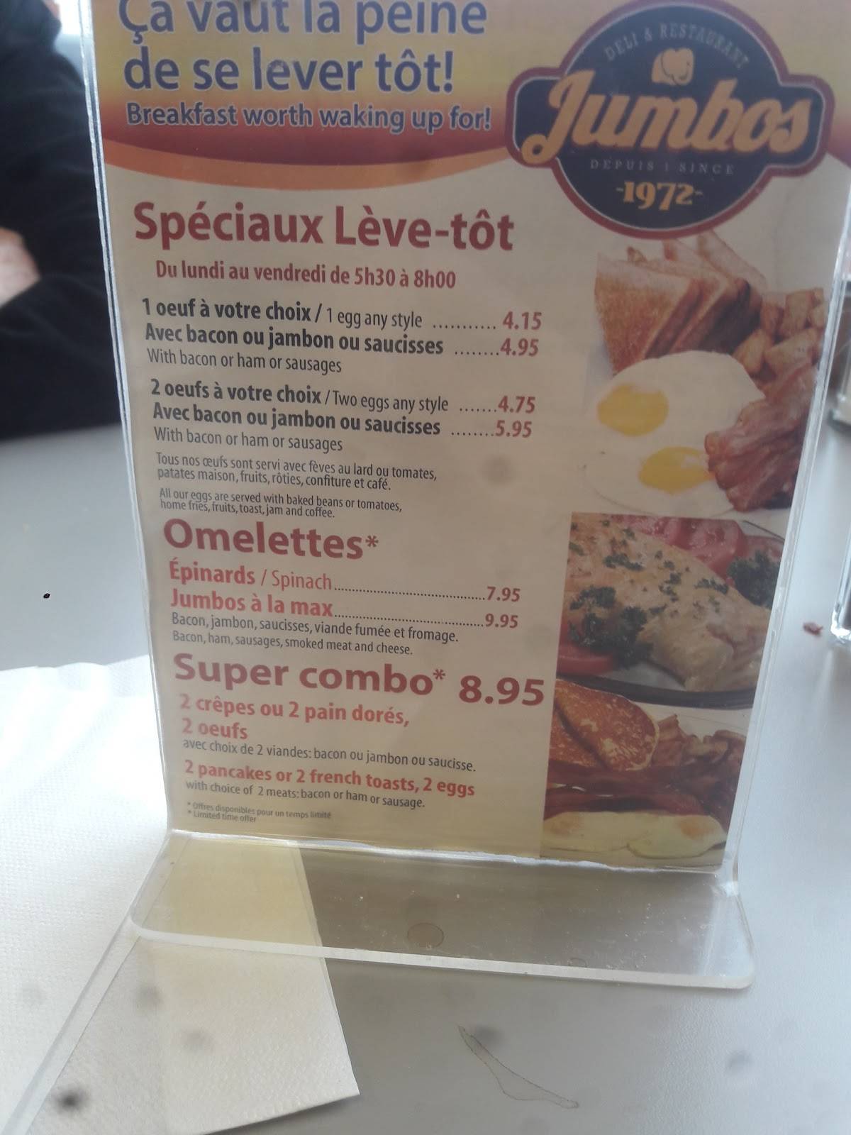 Menu at Jumbo Restaurant, Montréal