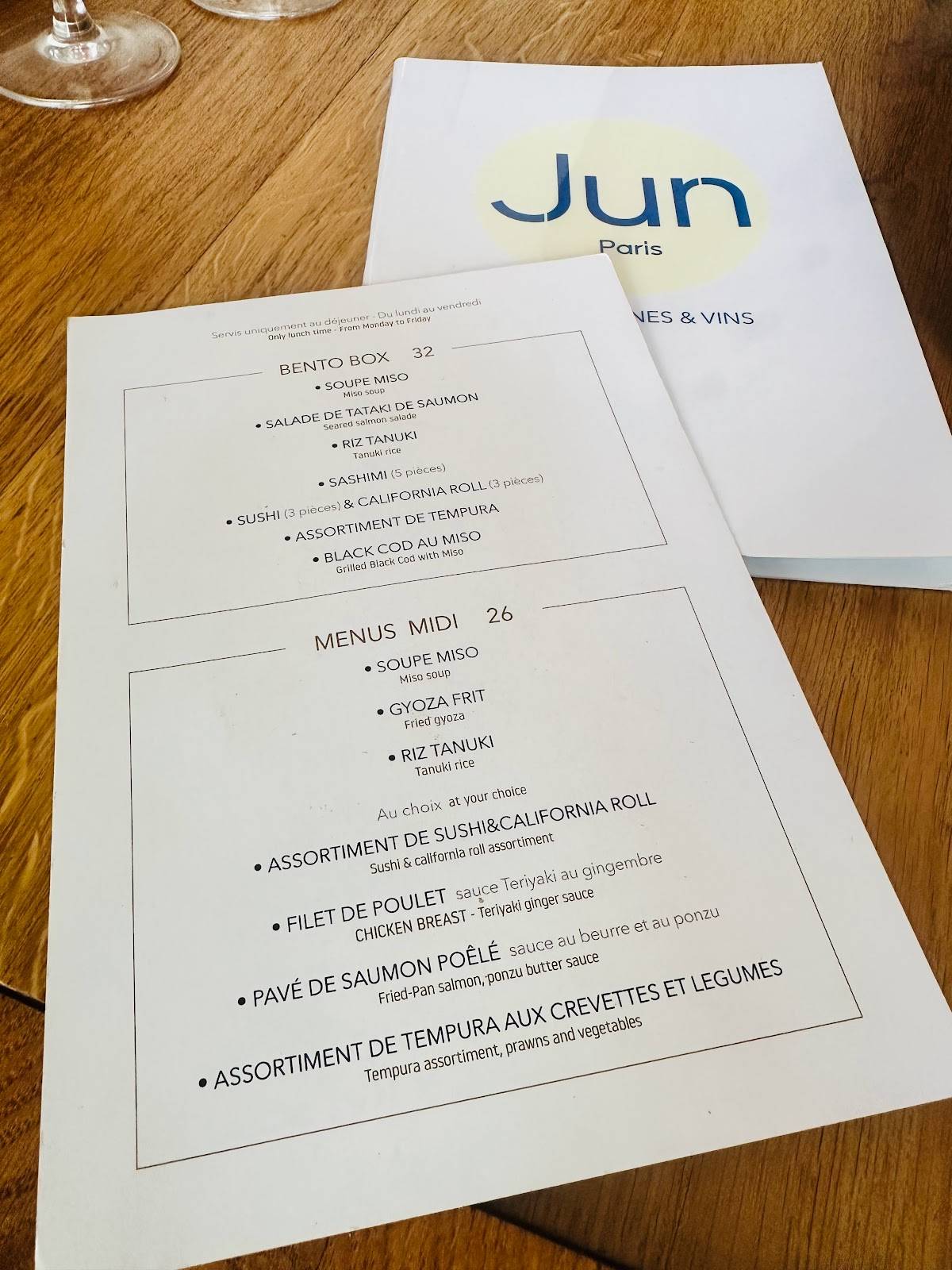 Menu at Jun restaurant, Paris