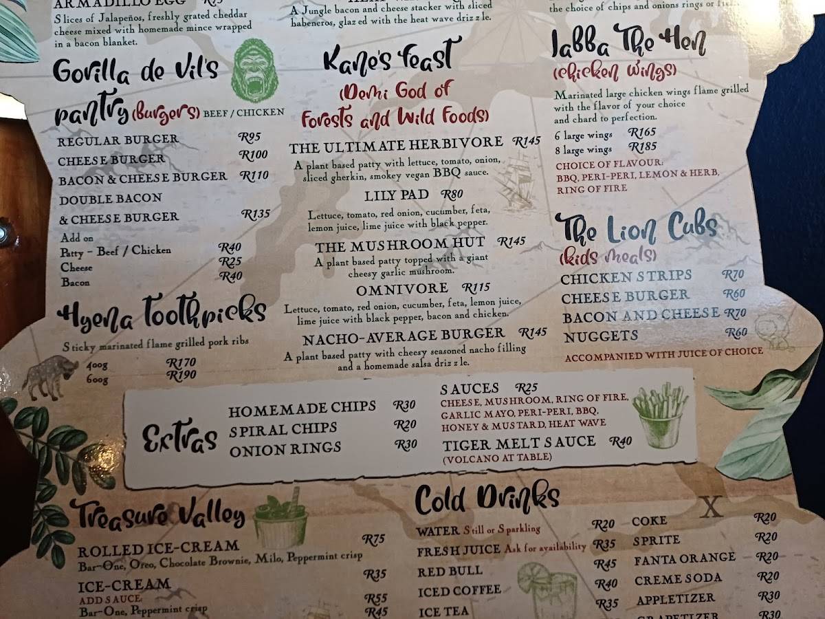 Menu at Jungle restaurant, Johannesburg