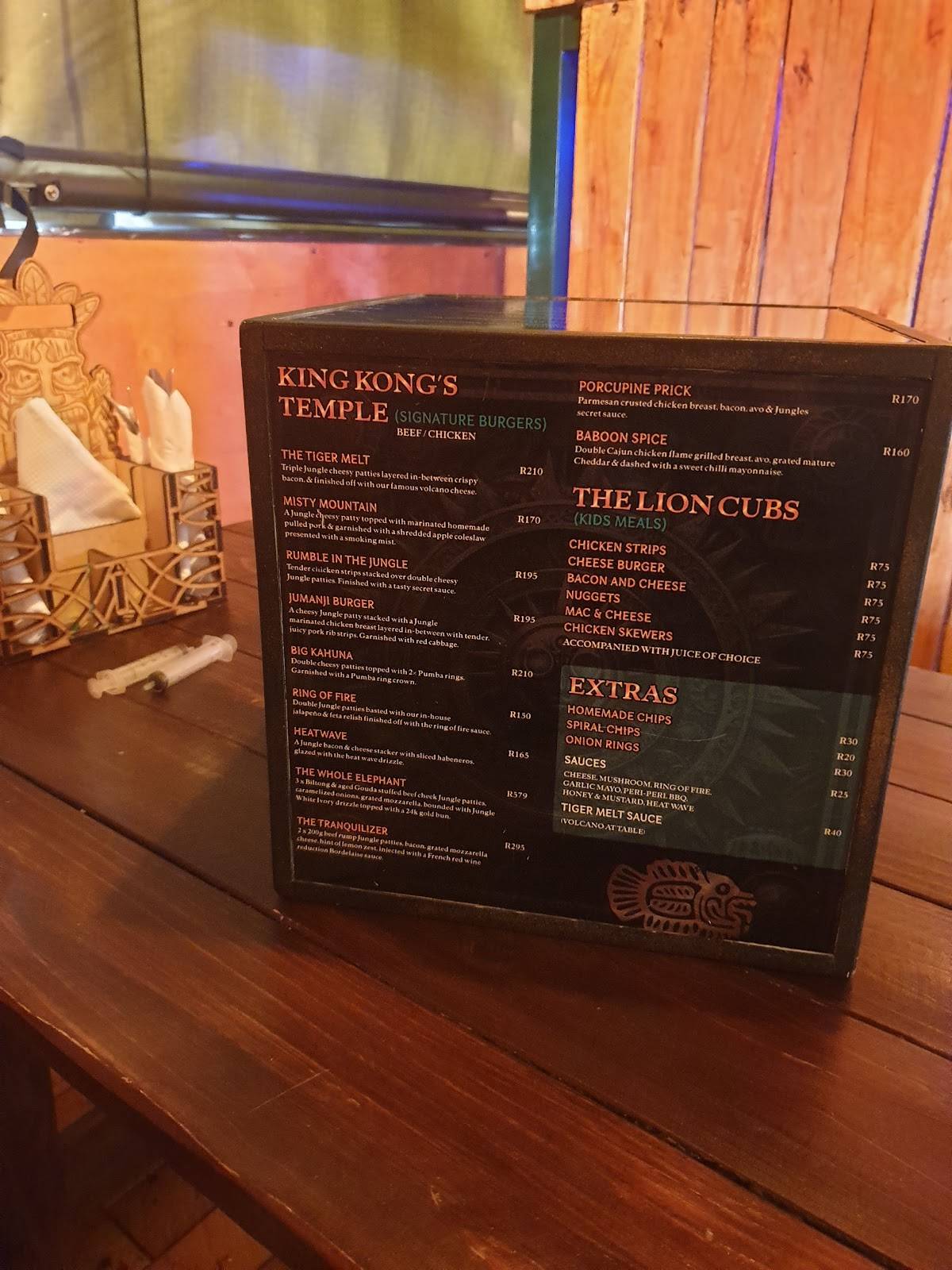Menu at Jungle restaurant, Johannesburg