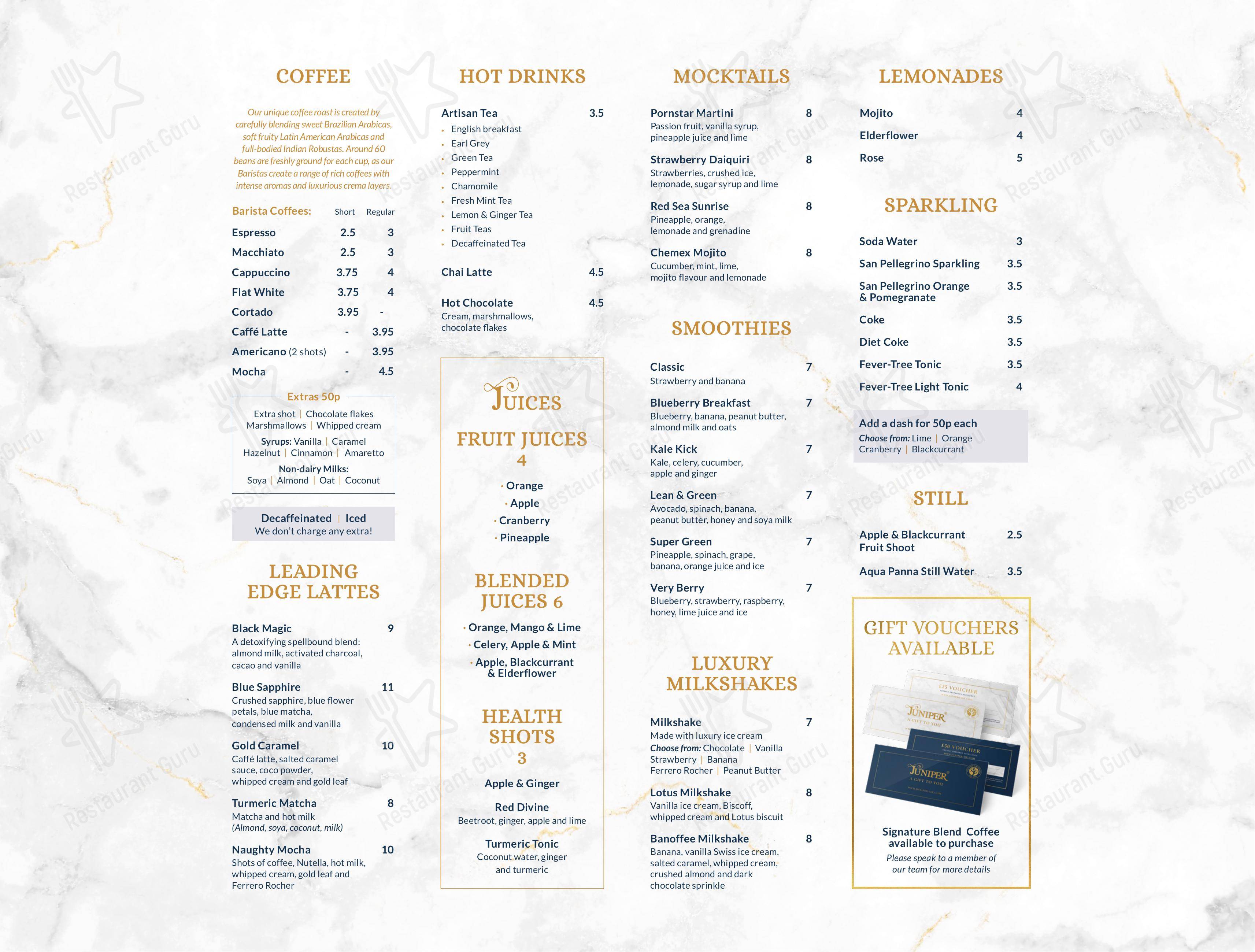 Menu at Juniper Wilmslow restaurant, Wilmslow