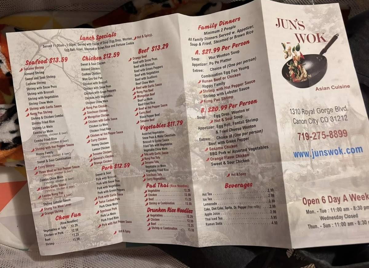 Menu at Jun’s Wok restaurant, Cañon City