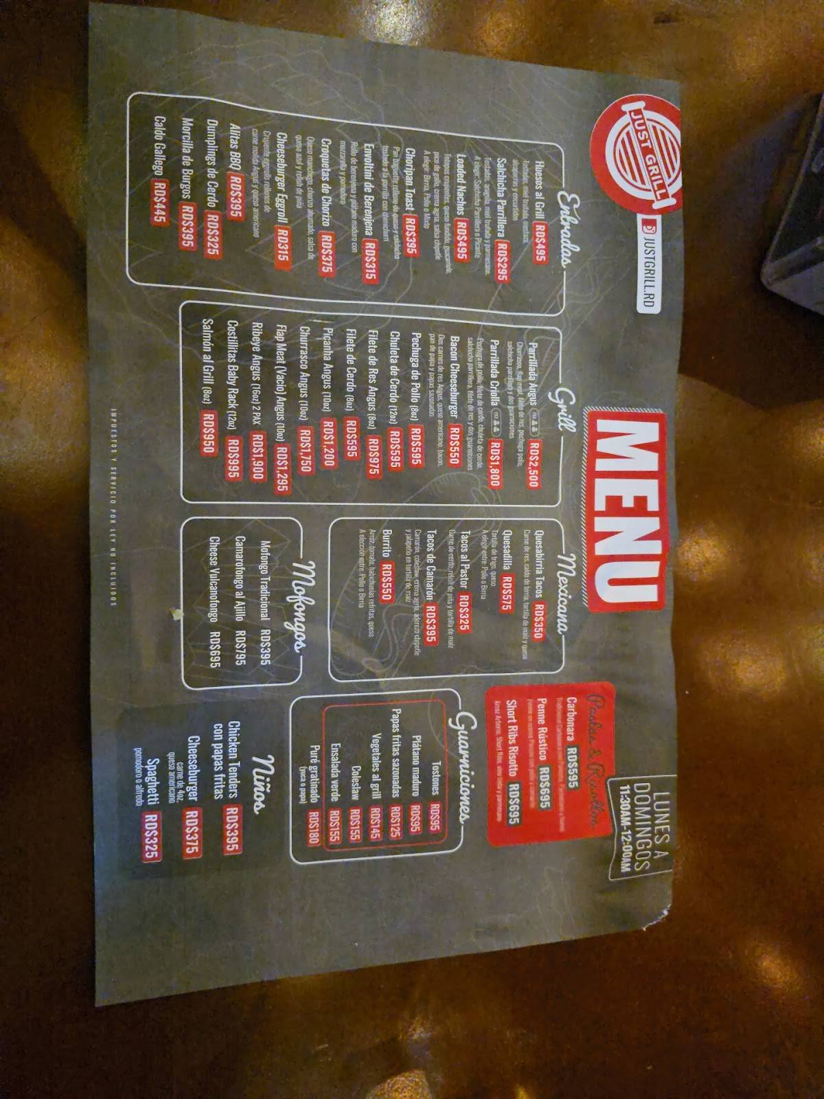 Menu at Just Grill restaurant, Santo Domingo