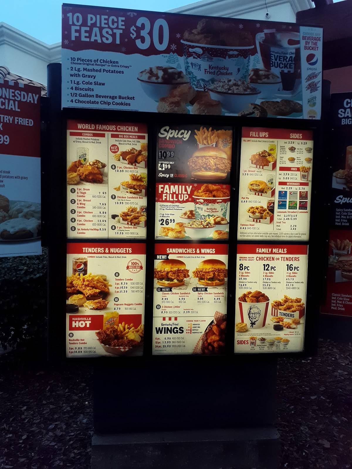 Menu at KFC fast food, Davis, Research Park Dr