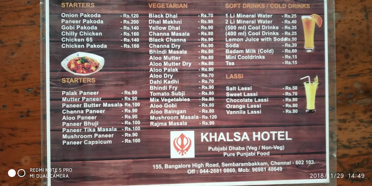 Menu at KHALSA DHABA ( PURE PUNJABI FOOD), Chembarambakkam, 23Q3+96W
