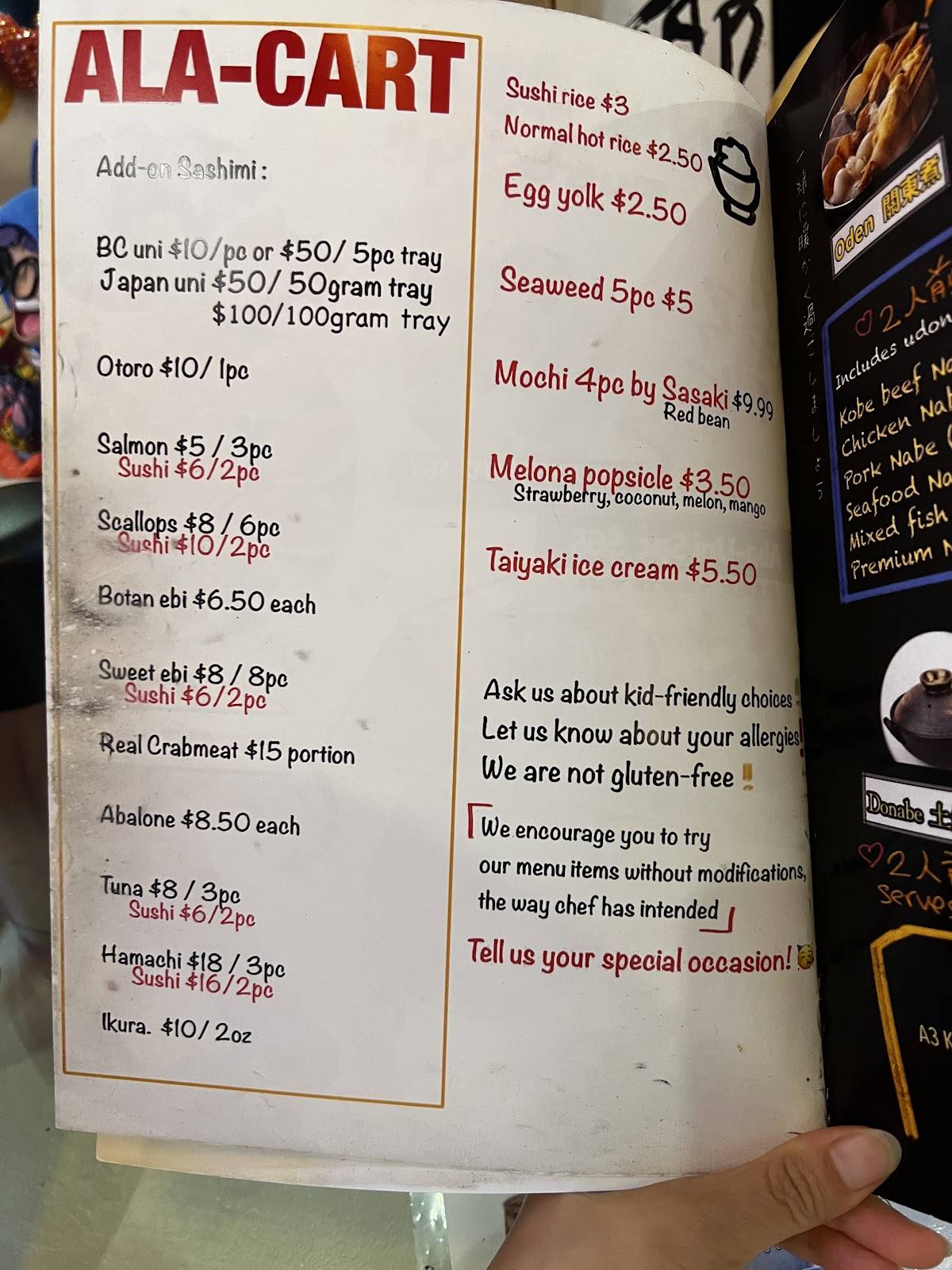 Menu at KIN KIN O-Ka-Ne by Oo-Kinza Fish House restaurant, Toronto