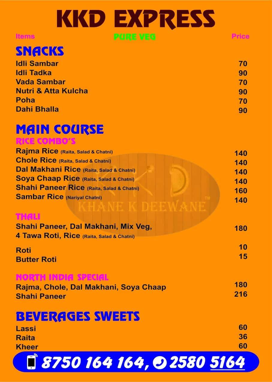 Menu at Kkd, Delhi, karol bagh