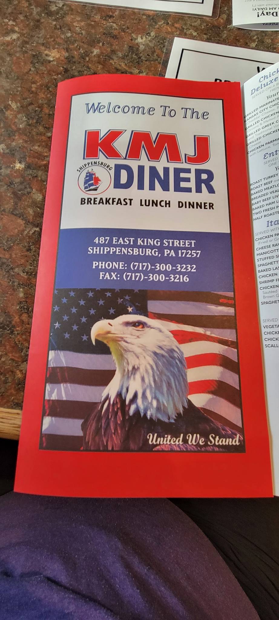 Menu at KMJ diner restaurant, Shippensburg