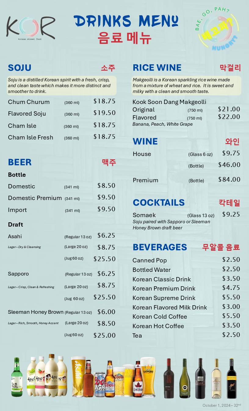 Menu at KOR Korean Street Food restaurant, Calgary, 32 Ave NE
