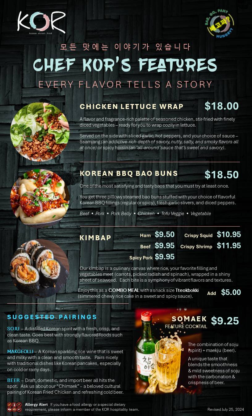 Menu at KOR Korean Street Food restaurant, Calgary, 32 Ave NE