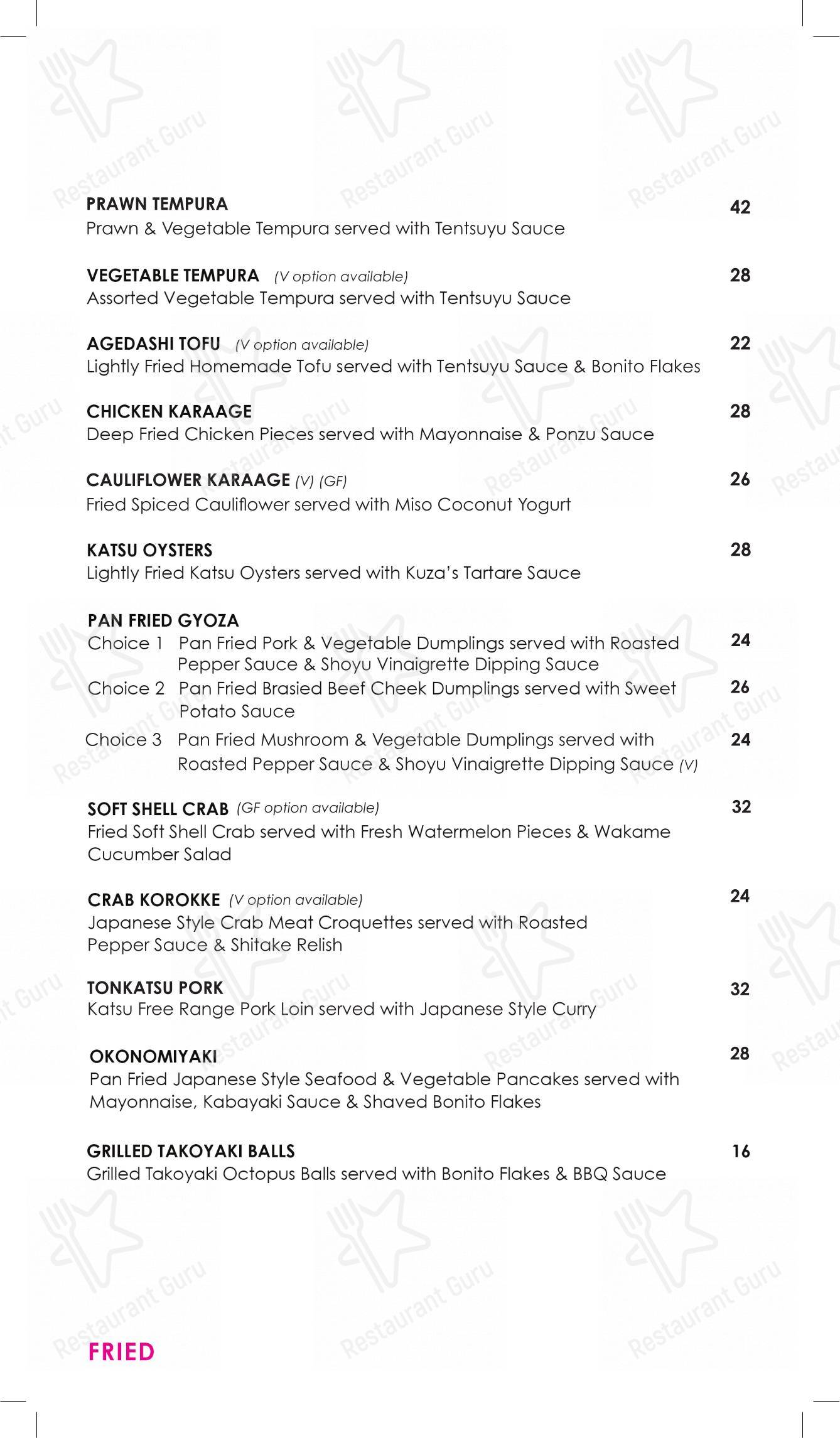 Menu at KUZA restaurant, Victoria Park, 393 Albany Hwy