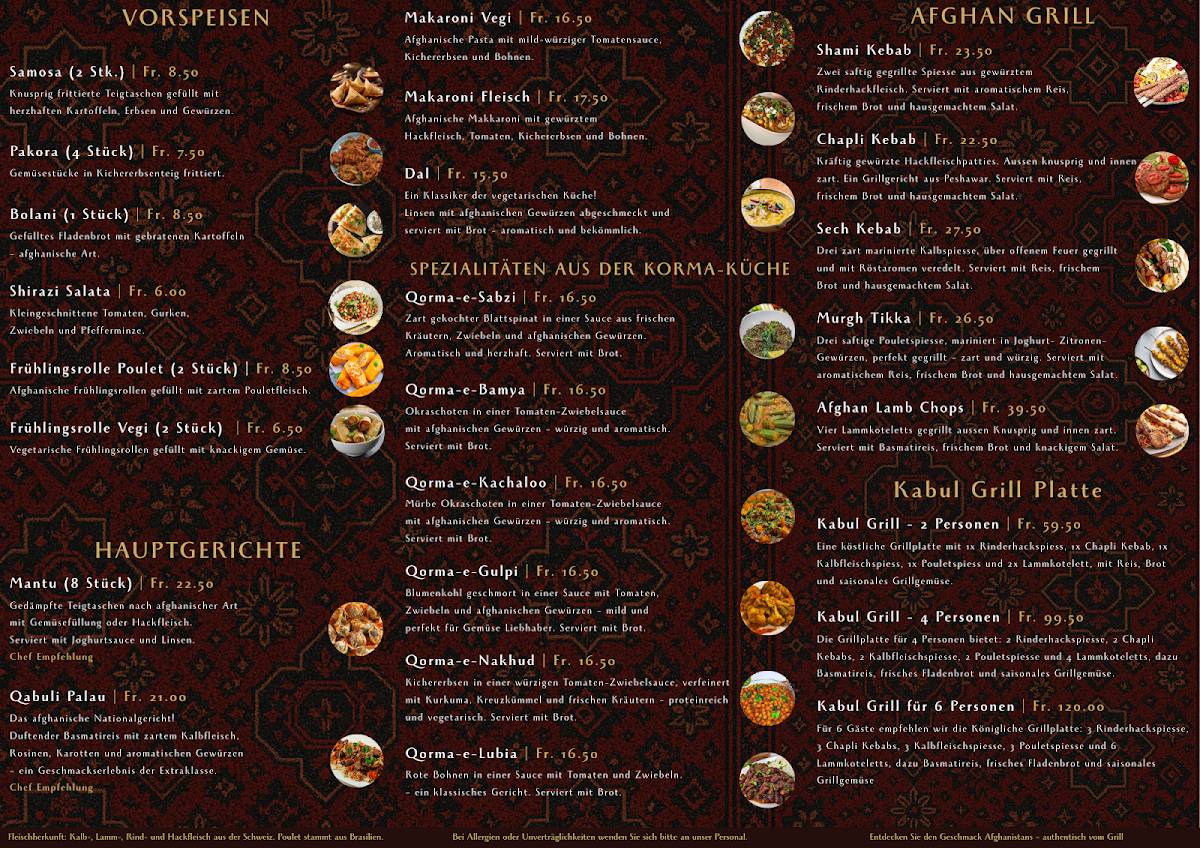 Speisekarte von Kabul Restaurant Halal, Bern