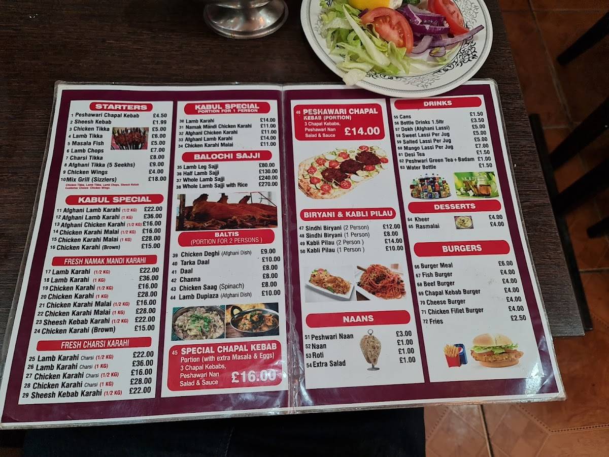 Menu at Kabul darbar Lady Pool road, Birmingham