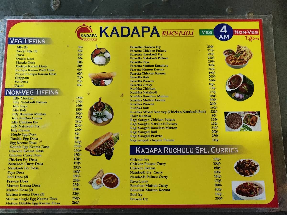 Menu at Kadapa Ruchulu, Hyderabad