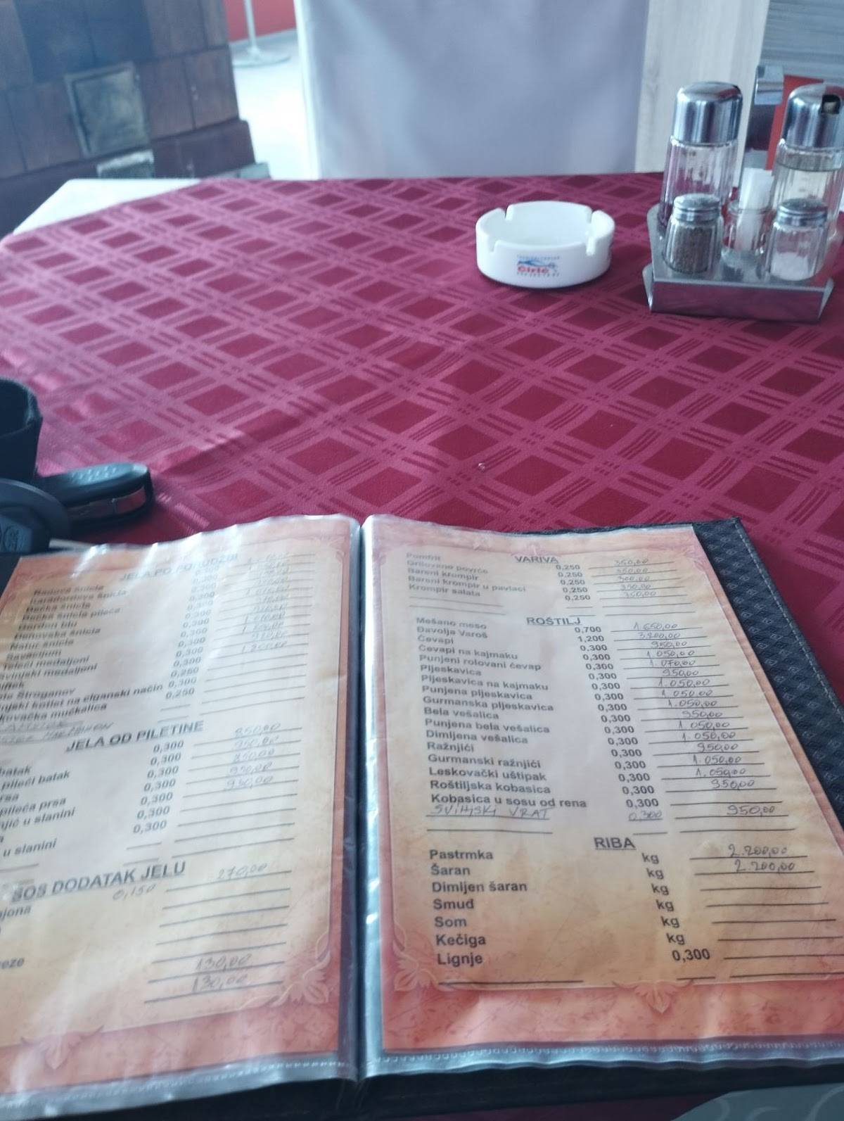 Menu at Kafana Kod Rada restaurant, Šabac