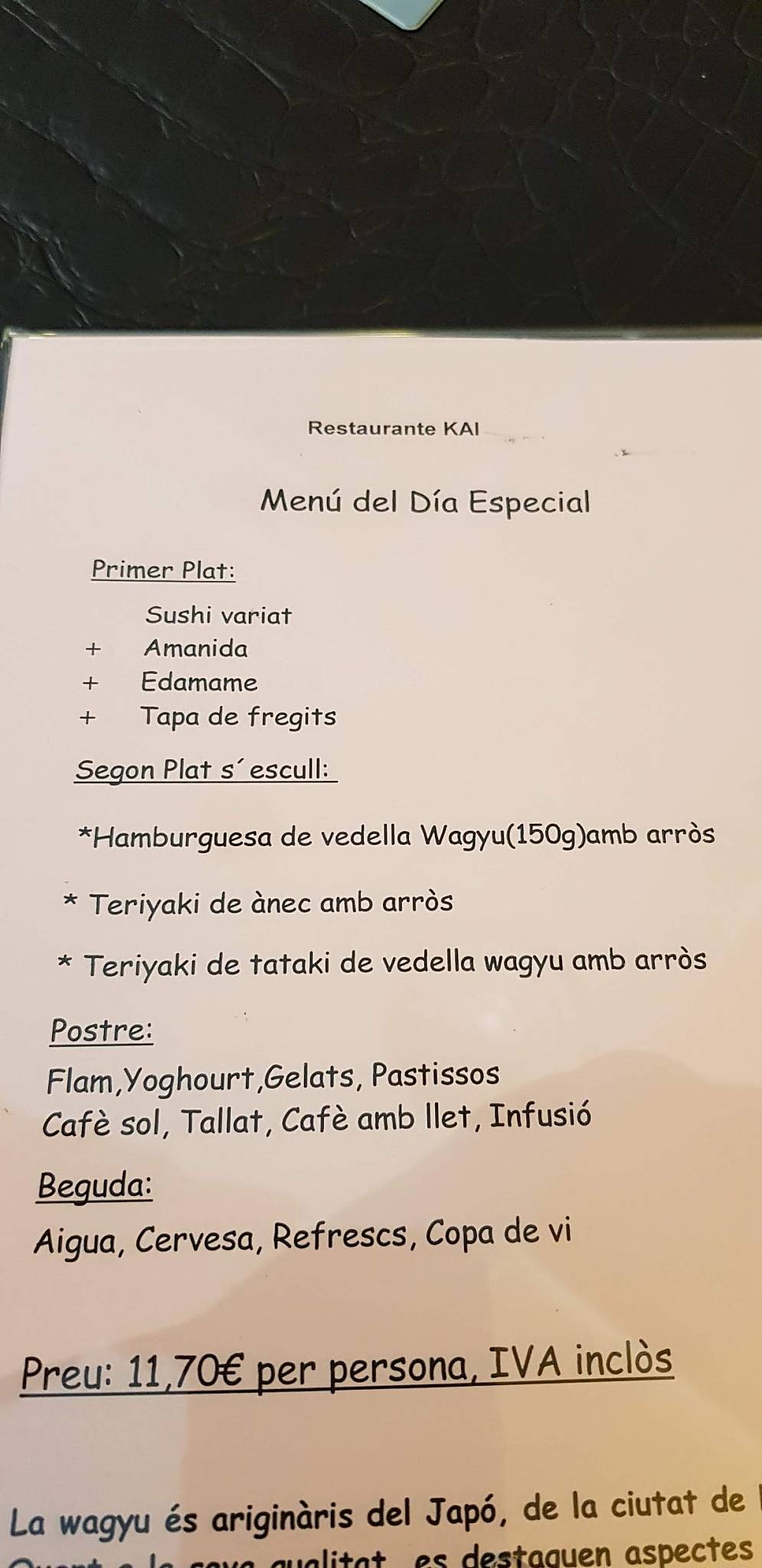 Carta de Kai Restaurante, Viladecans