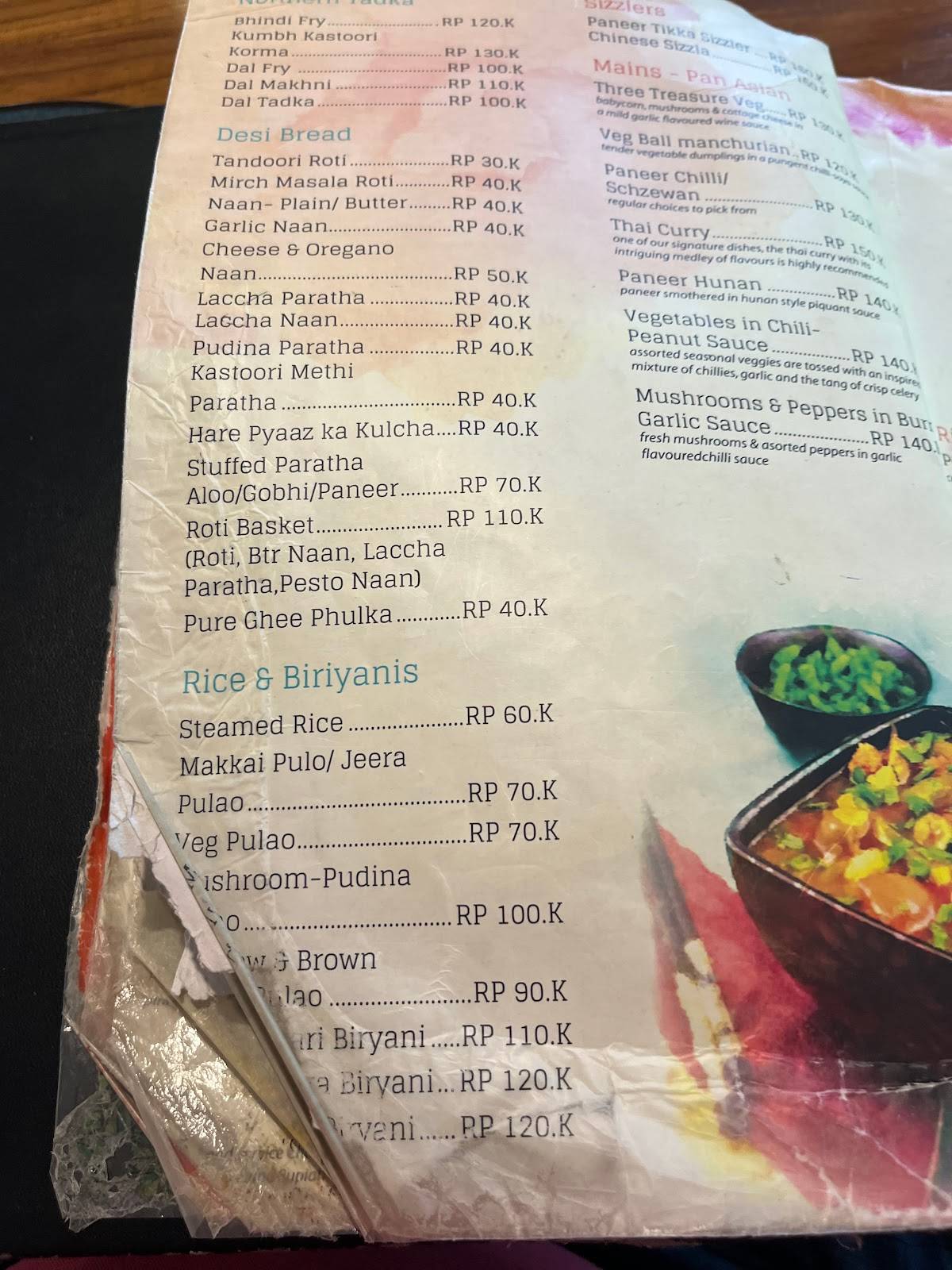 Menu at Kailash Parbat Seminyak restaurant, Mengwi
