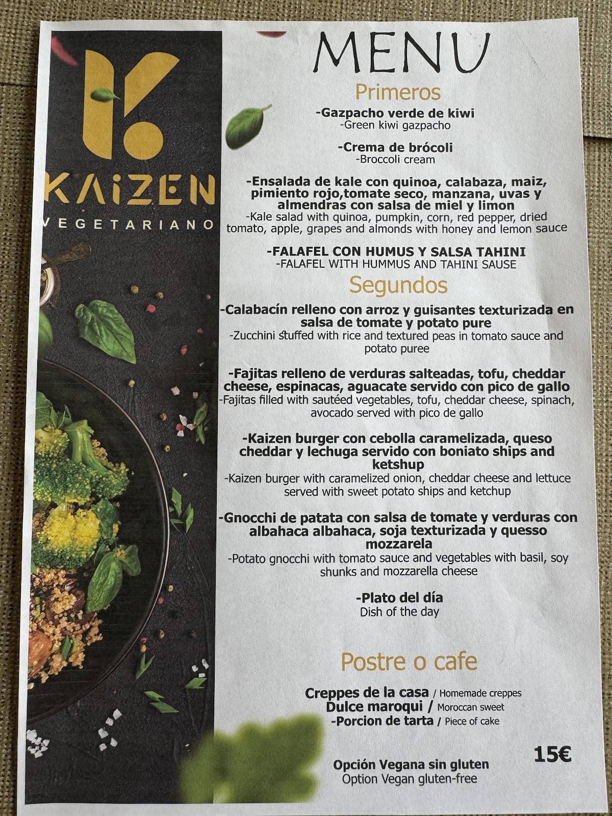 Menu at Kaizen vegetariano restaurant, Torrevieja