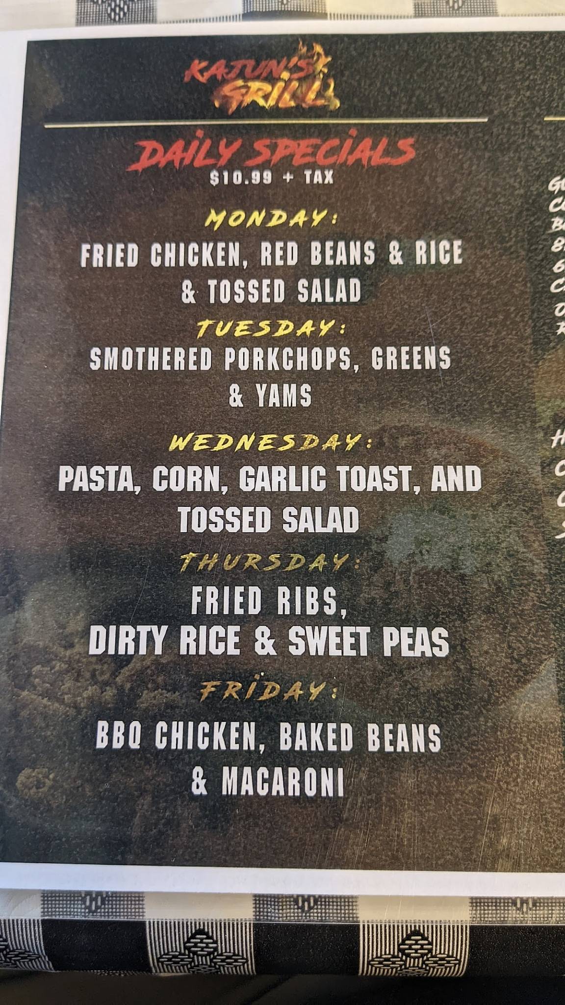 Menu at Kajun's Grill BBQ, Reserve