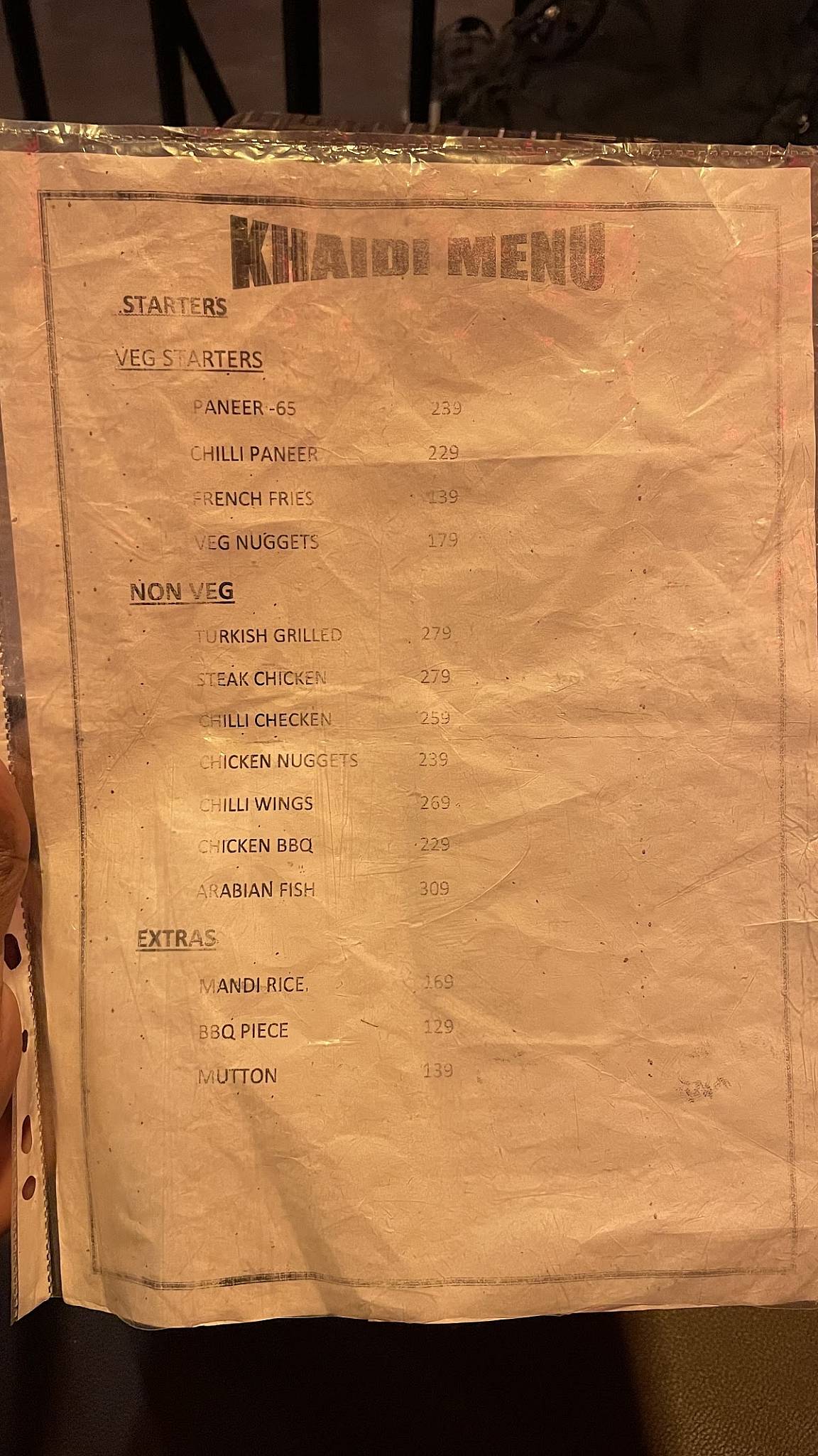 Menu at Khaidi Mandi, Kakinada