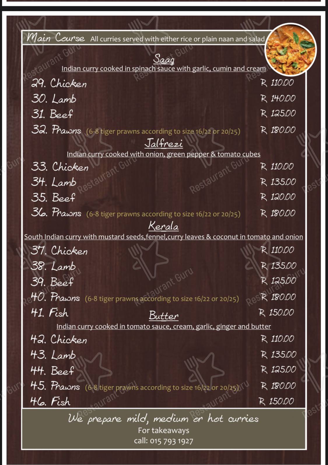 Menu at Kalimambo Pub, Indian Restaurant, and Grill, Hoedspruit