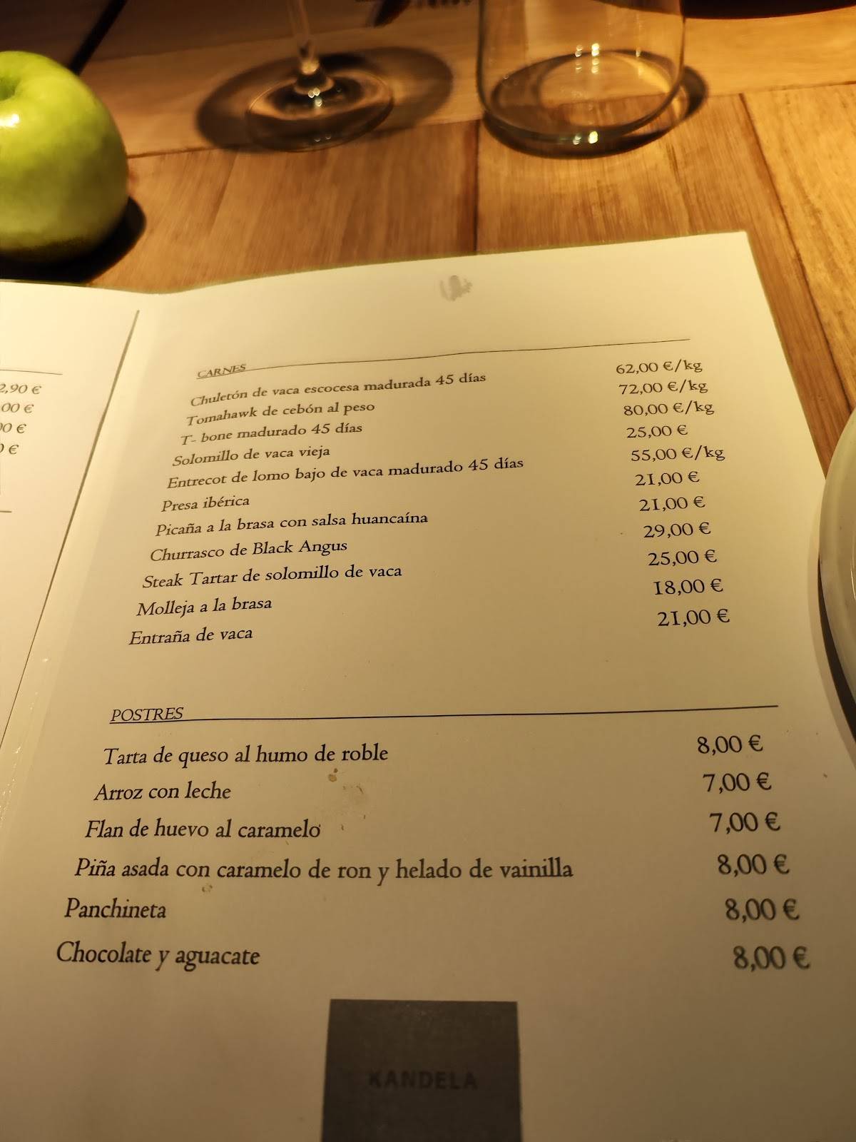 Carta de Kandela Restaurante, Santander