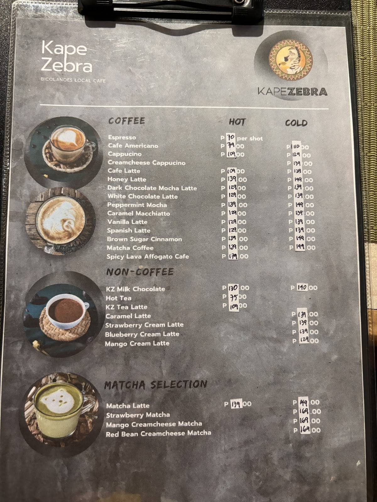 Menu at Kape Zebra Albay, Legazpi City