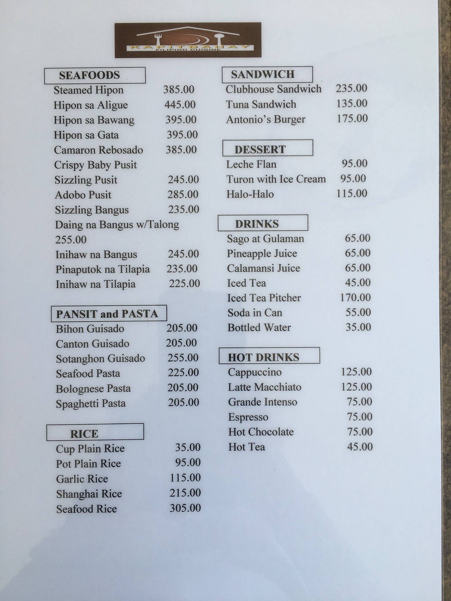 Menu at Kapitbahay Filipino Cuisine restaurant, Antipolo, Palm Square