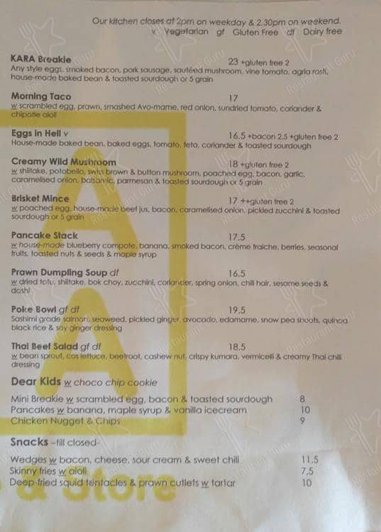 Menu at KARA CAFE, Auckland