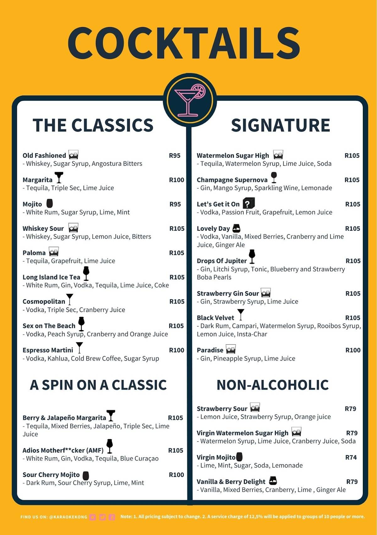 Menu at Karaoke Kong pub & bar, Johannesburg