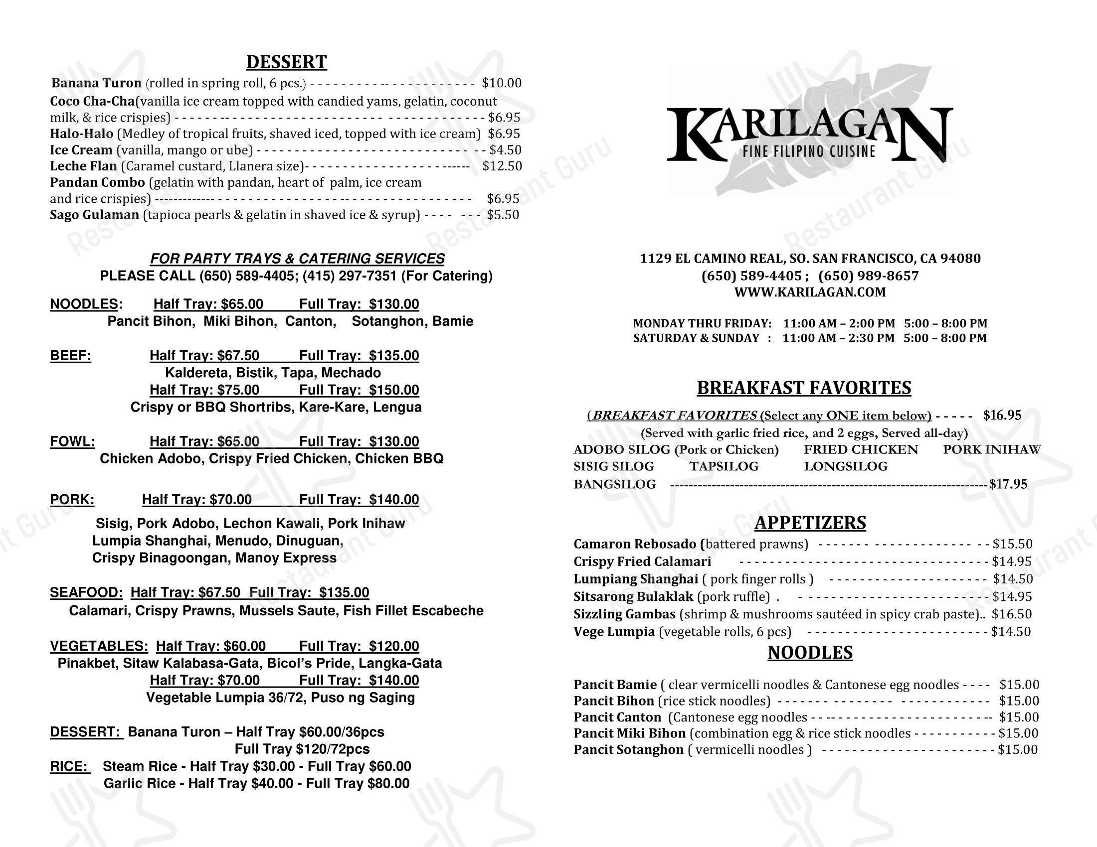 Menu at Karilagan restaurant, South San Francisco