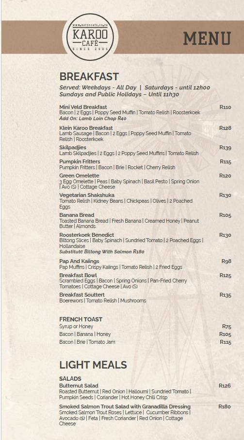 Menu at Karoo Cafe, Pretoria, 141 Lynnwood Rd