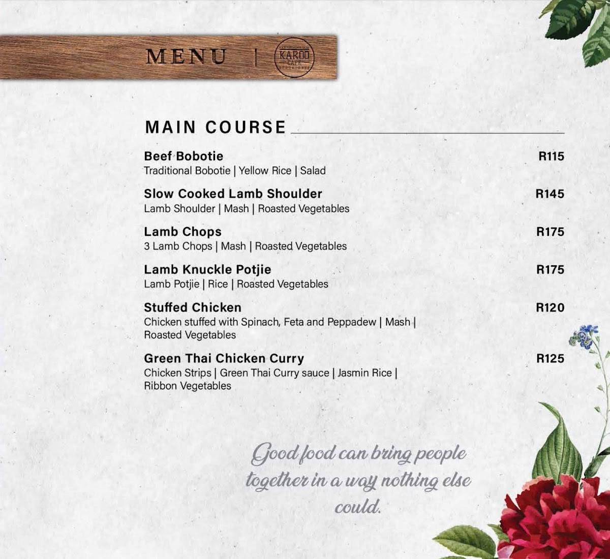 Menu at Karoo Cafe, Pretoria, 141 Lynnwood Rd