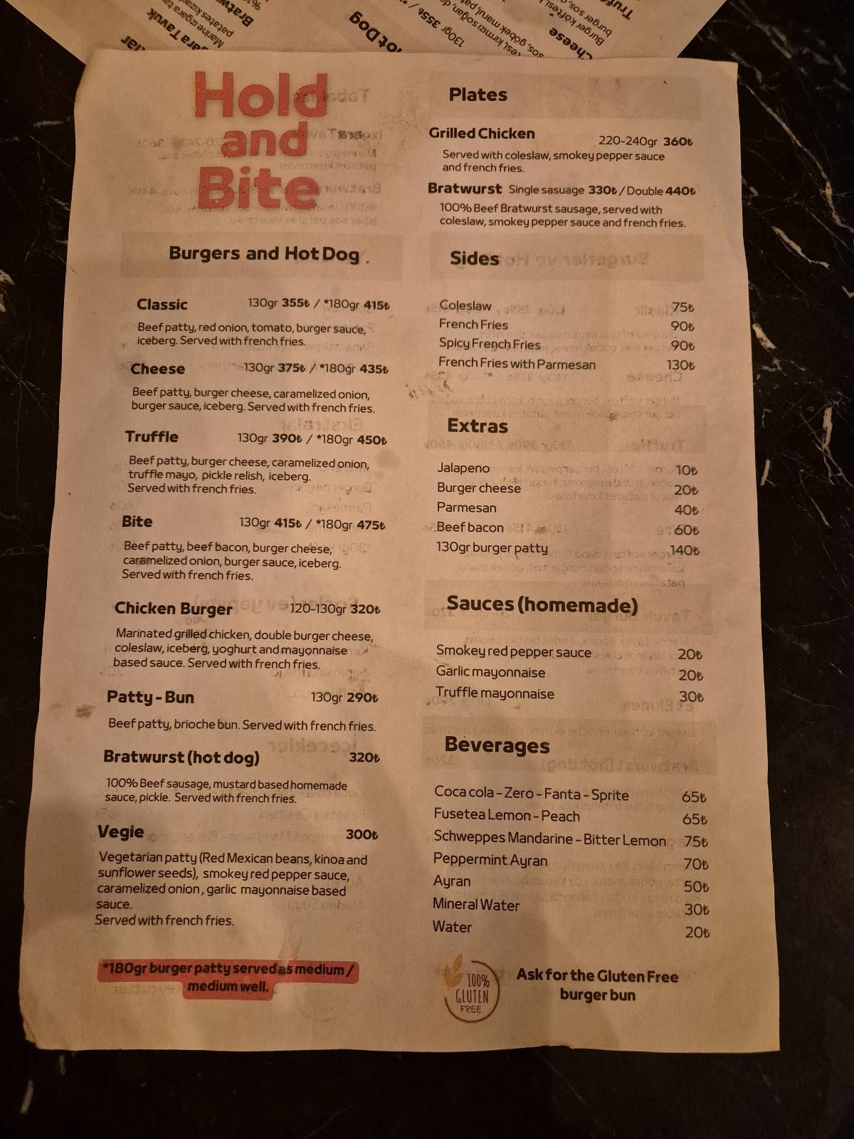 Menu at Hold&Bite, Kaş