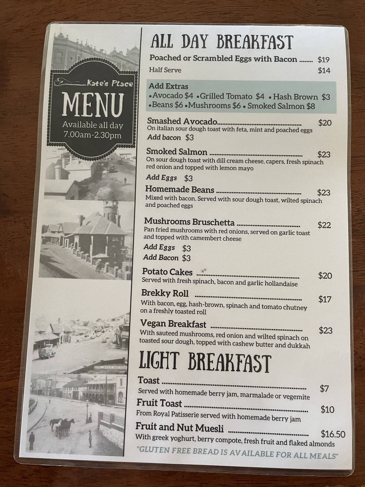 Menu at Kate's Place restaurant, Albany