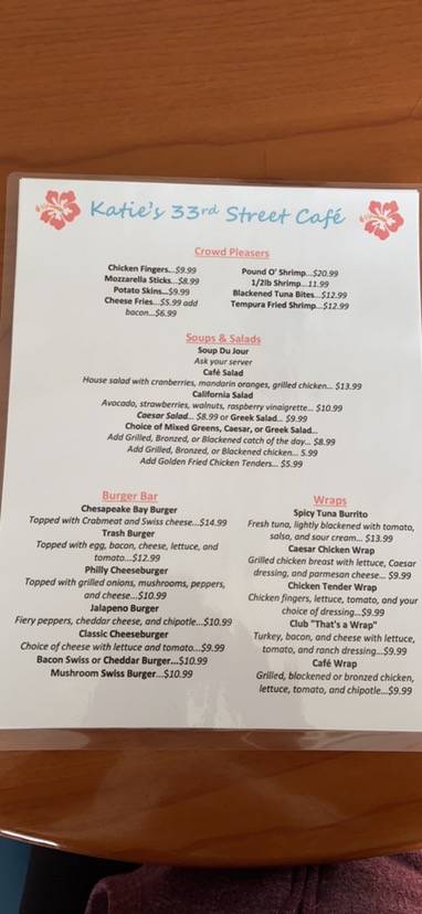 Menu at Katie's 33rd Street Cafe, Virginia Beach