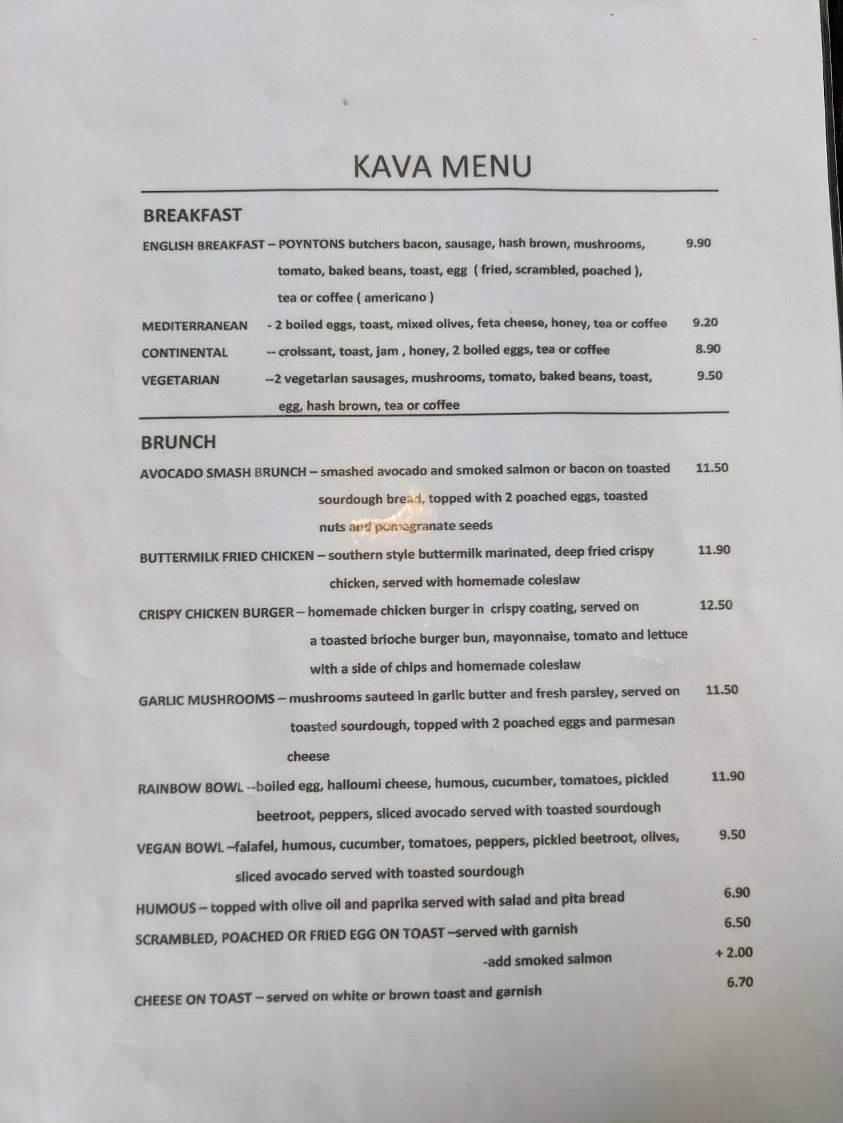 Menu at Kava cafe, Llandudno