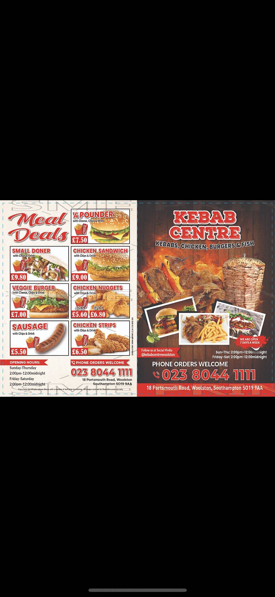 Menu at Kebab Centre restaurant, Southampton