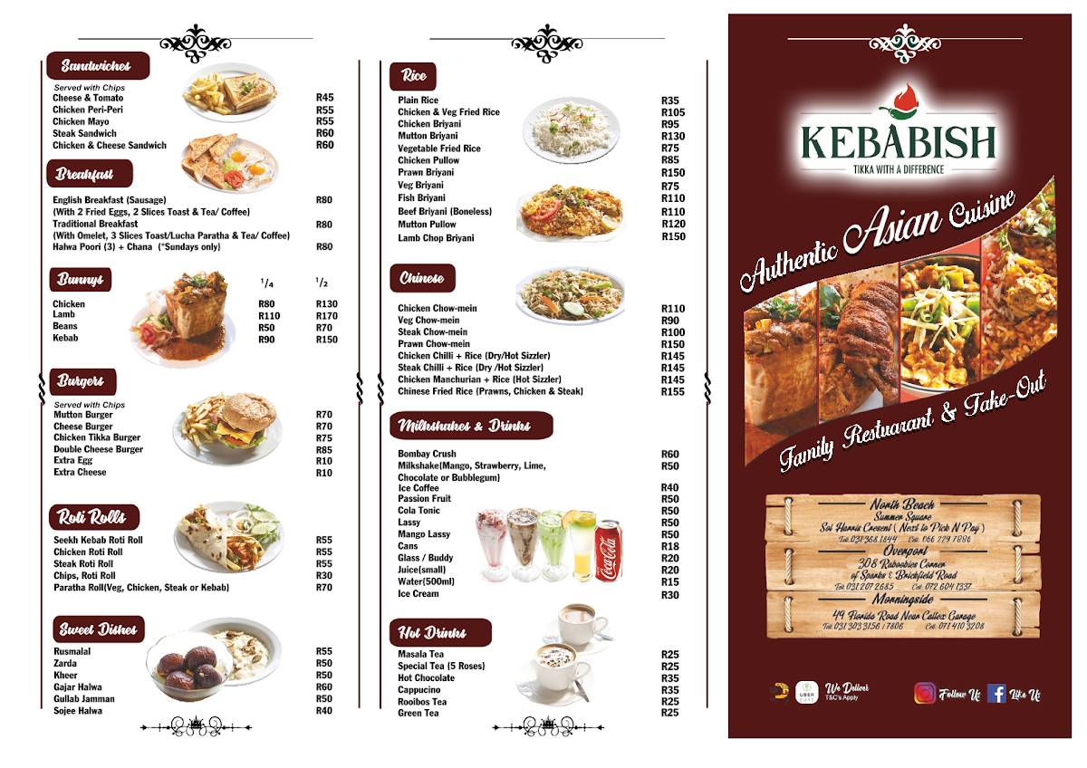 Menu at Kebabish North Beach restaurant, Durban, Shop 9