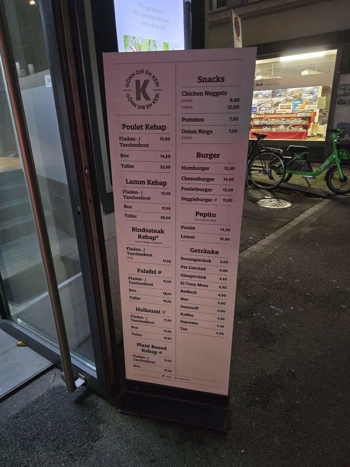 Menu at Kebi, Zürich