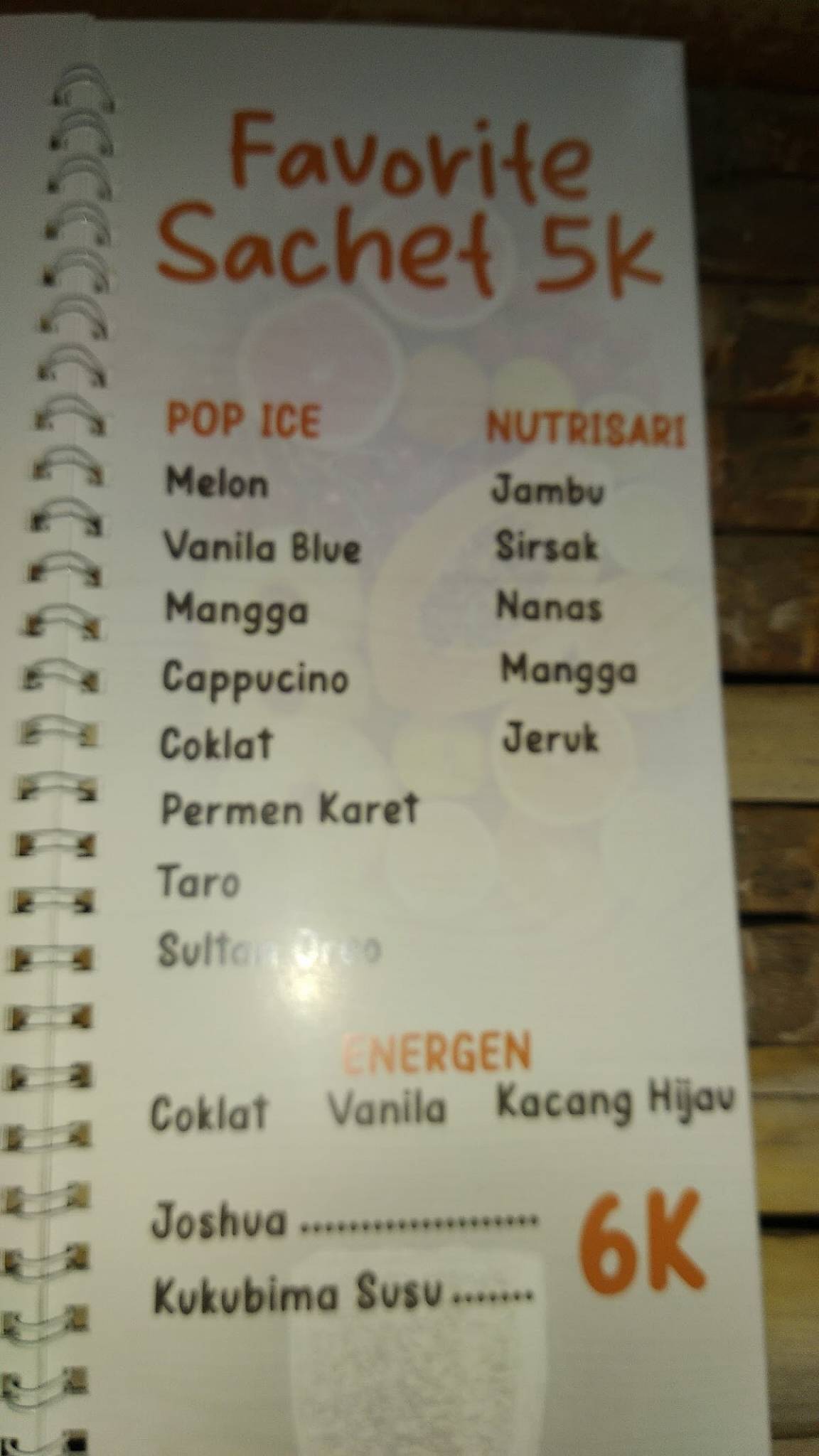 Carta del restaurante Kedai Tiga Satu, Doko