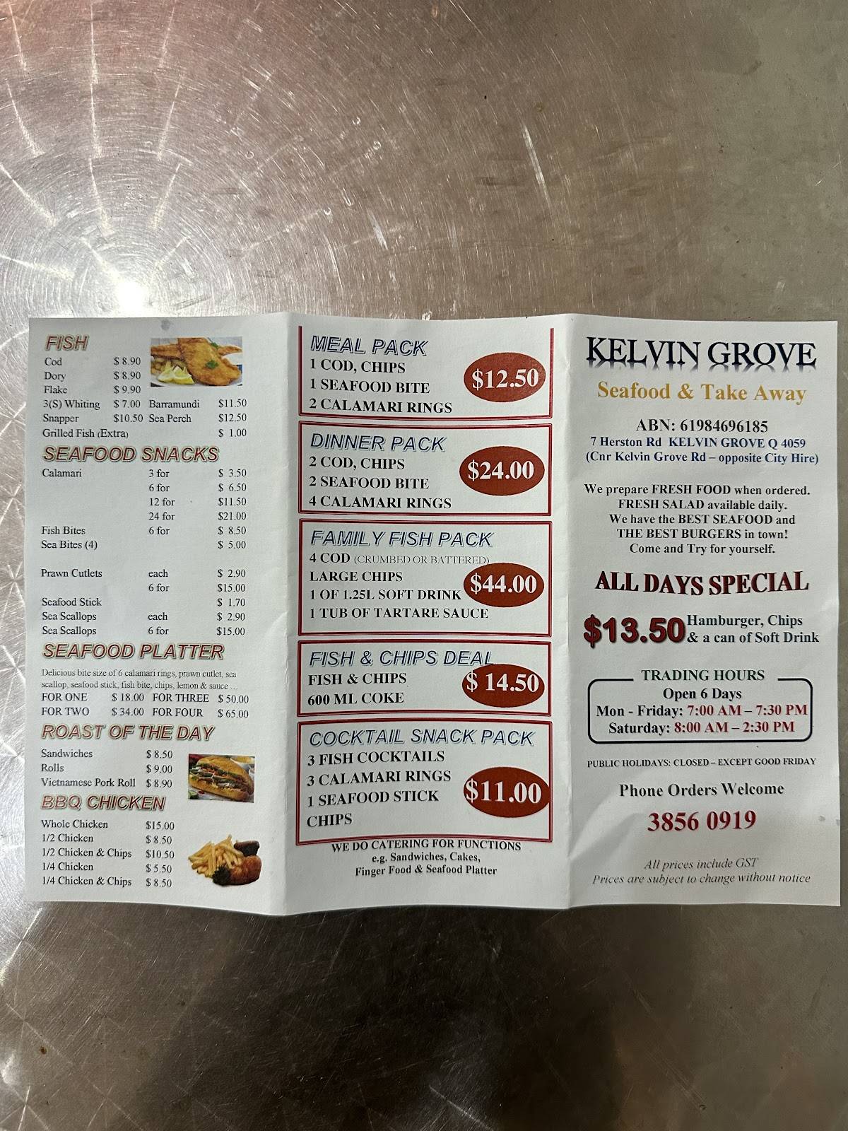 Menu at Kelvin Grove Seafood and Takeaway fast food, Kelvin Grove