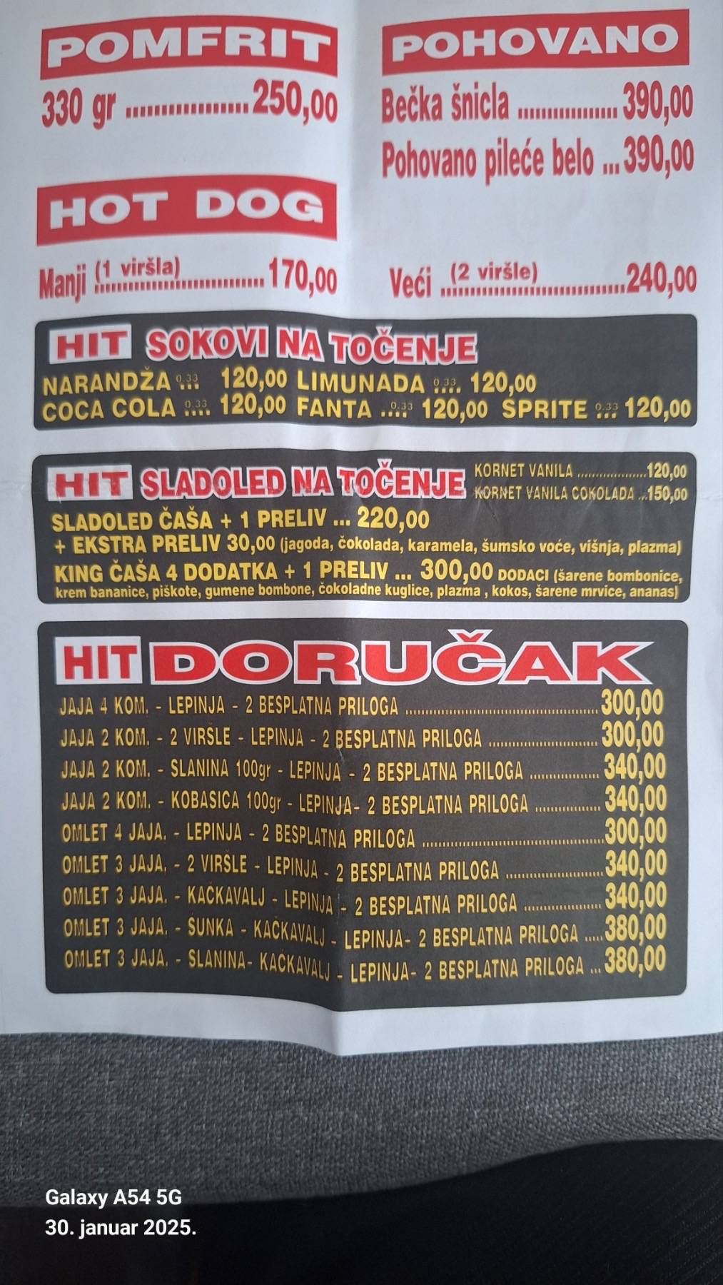 Menu at Keops restaurant, Vrnjačka Banja, Kraljevačka 1