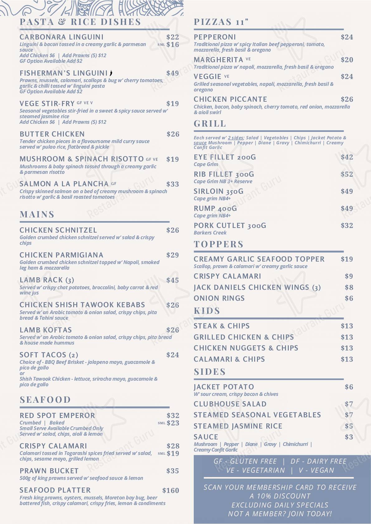 Menu at Keppel Bay Sailing Club, Yeppoon