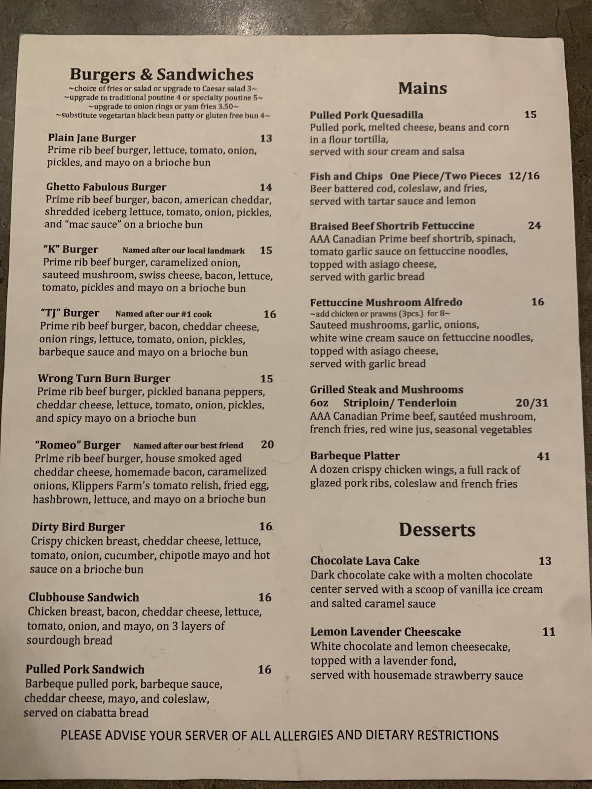 Menu at Blackbird Tavern pub & bar, Keremeos