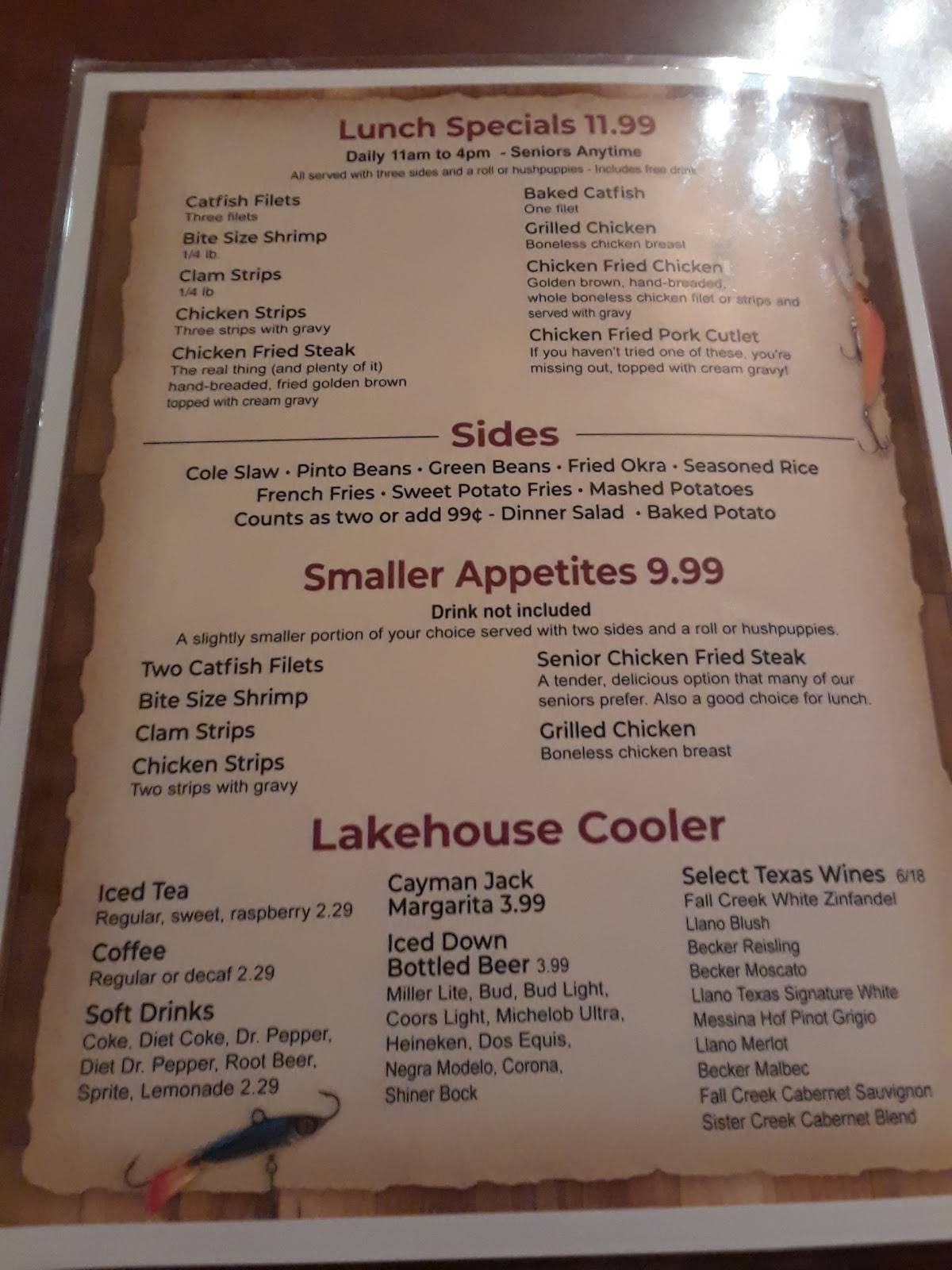 Menu at The Lakehouse restaurant, Kerrville, Junction Hwy