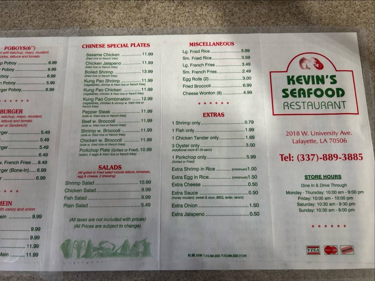 Menu at Kevin's Seafood restaurant, Lafayette