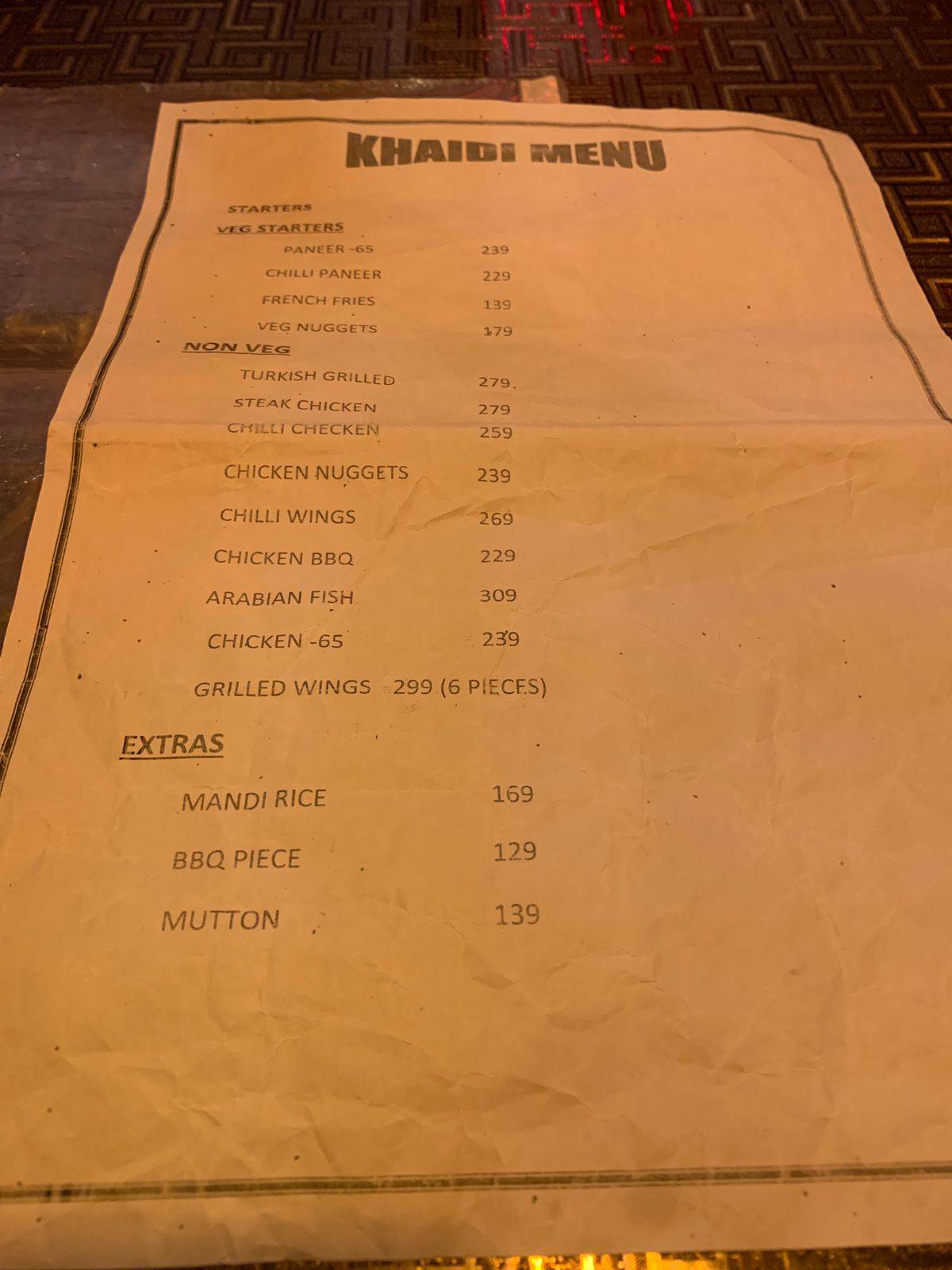 Menu at Khaidi Mandi, Kakinada