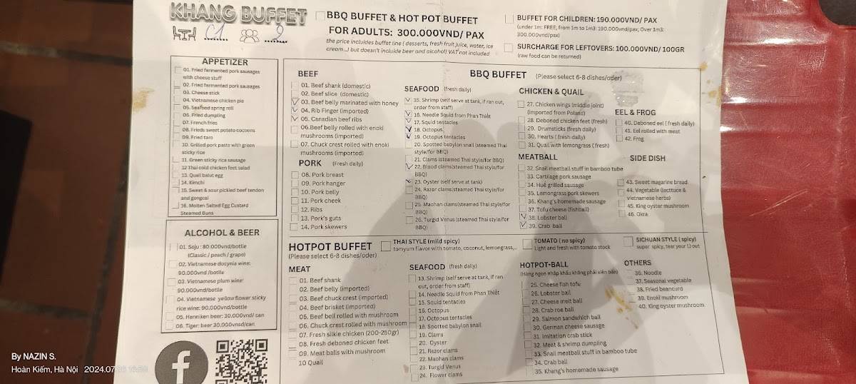Menu at Khang Buffet restaurant, Hanoi