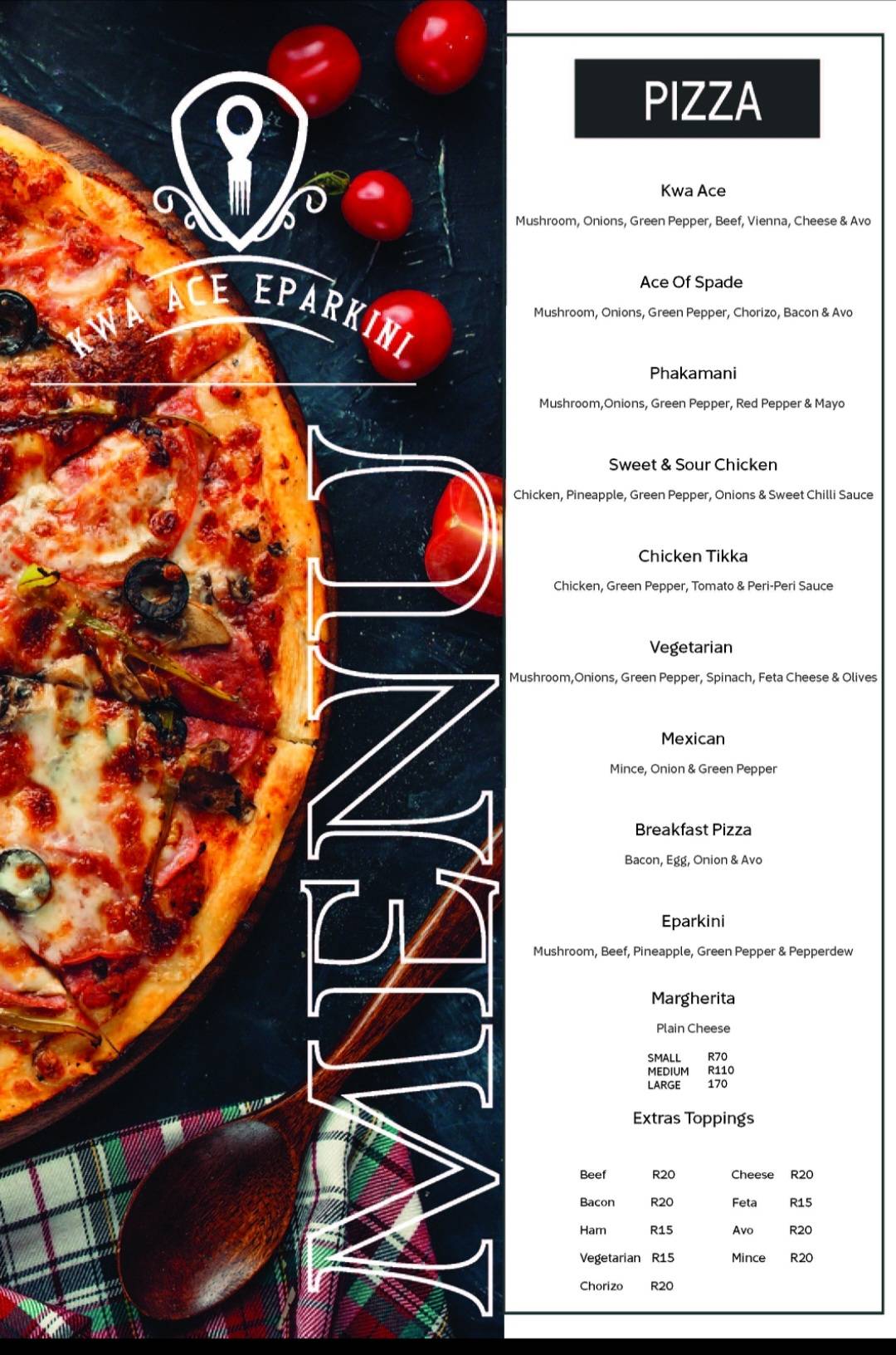 Menu at Kwa Ace Eparkini restaurant, Cape Town, 15 Mthawelanga Street